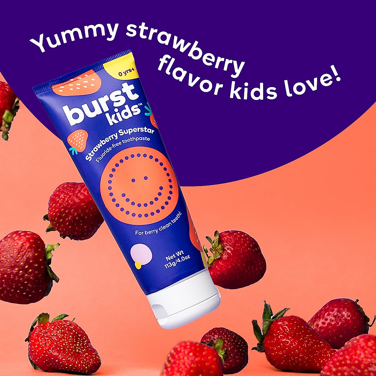 BURSTkids Strawberry Kids Toothpaste Fluoride-Free - Great Tasting, Dye Free Baby, Toddler & Kid Toothpaste Age 0+ with Nano-Hydroxyapatite - 4oz
