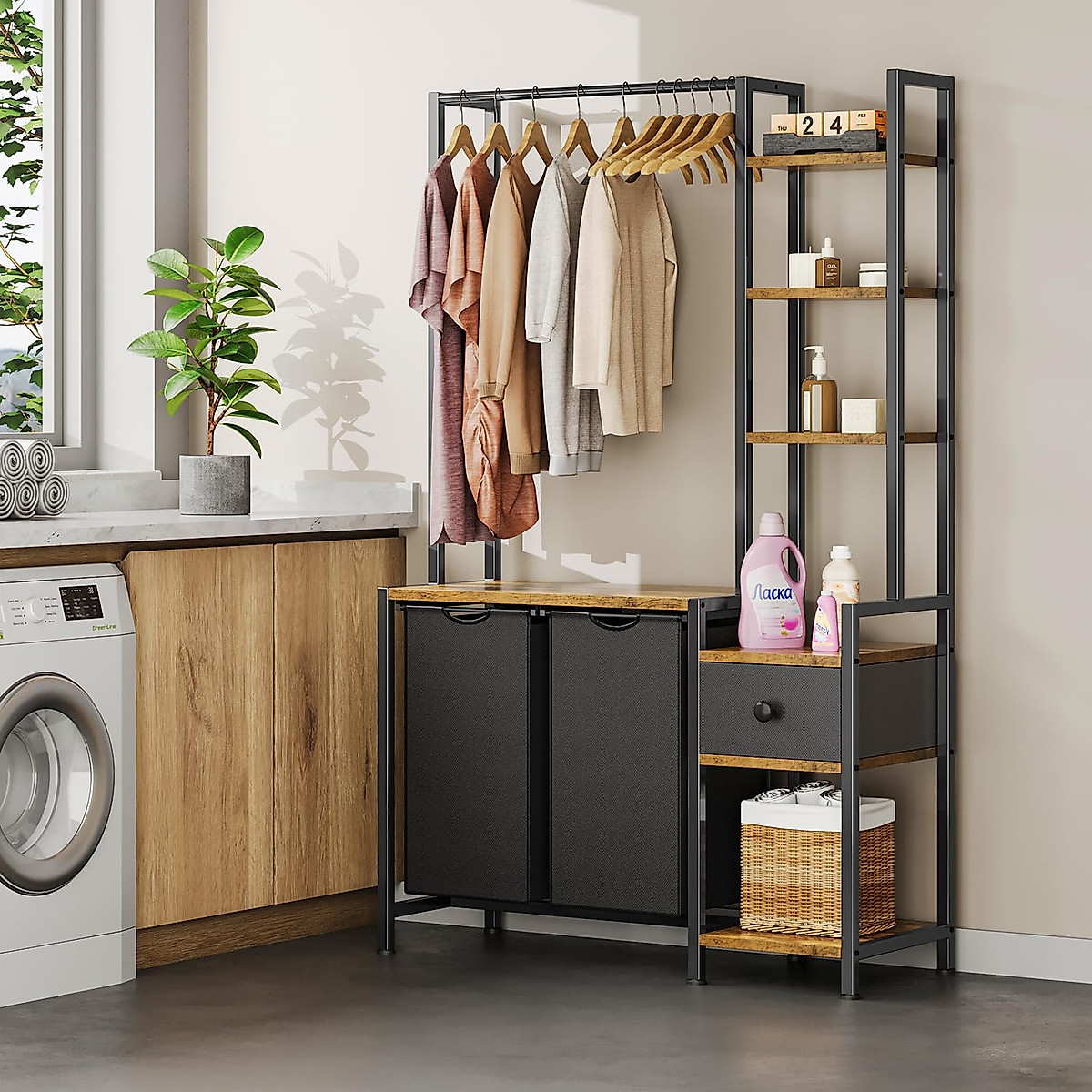 Laundry Hamper with Shelf, 5 Tiers Tall Laundry Basket Sorter with 2 Pull-Out and Removable Bags, Clothes Rack with Laundry Sorter for Laundry Room Bathroom Bedroom, Rustic Brown