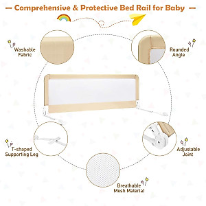 Costzon Bed Rail for Toddlers, 2 PCS Extra Long Swing Down Safety Bed Guards w/Straps for Convertible Crib, Kids Twin, Double, Full Size, Queen & King Bed, Folding Bed Rails for Baby (59-Inch, Beige)