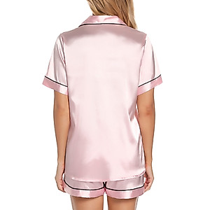 Leikar Womens Silk Satin Pajamas Shorts Set Bride Pajamas Button Down Pjs Loungewear Set S-XXL Pink