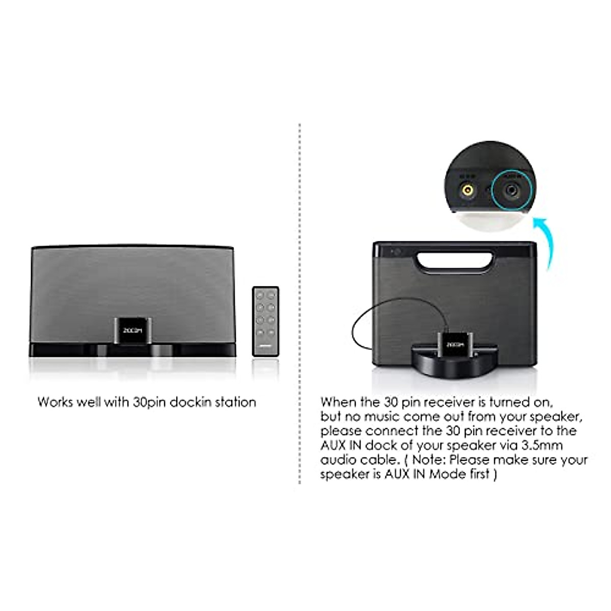 ZIOCOM 30 Pin Bluetooth Adapter Receiver for Bose iPod iPhone SoundDock and Other 30 pin Dock Speakers with 3.5mm Aux Cable(Not for Car and Motorcycles), Black