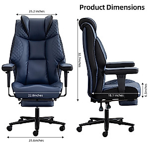 Big and Tall Office Chair 400lbs, High Back Leather Office Chair with Foot Rest, Heavy Duty Executive Office Chair Adjustable Arm Rest,Ergonomic Chair Lumbar Support with Wheels (Navy Blue)