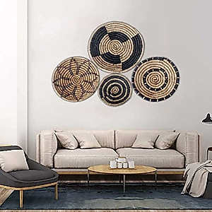FORVE Hanging Woven Wall Basket Decor Set of 4, Handwoven Round Seagrass Baskets Wall Decor, Handmade Decorative Tray and Baskets with a Hook On The Back, Perfect for Living Room Unique Wall Art