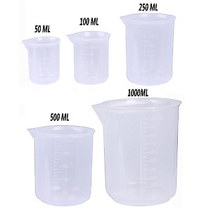 Buytra 5 Sizes Clear Plastic Graduated Cylinders (10 25 50 100 250ml) 5 Pack Plastic Beakers Set- 50, 100, 250, 500, 1000ML