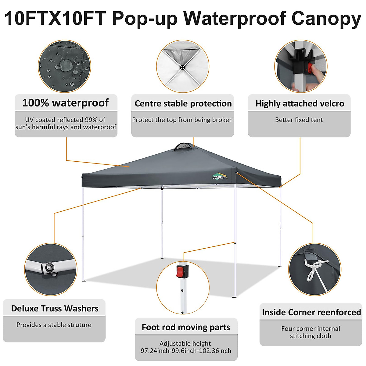 COBlZI 10x10 Pop Up Canopy Tent with 4 Removable Sidewalls，Waterproof Commercial Easy Adjustable Gazebo Tent with Air Vent, 4 Sandbags，4 Stakes & 8 Ropes（Tents for Party/Exhibition,Grey