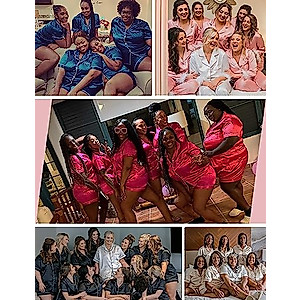 SWOMOG Plus Size Satin Pajama Set for Women Silk Satin Pj Set Short Sleeve Button Down Loungewear 2 Pcs Soft Lace Trim Nightwear Rose Red