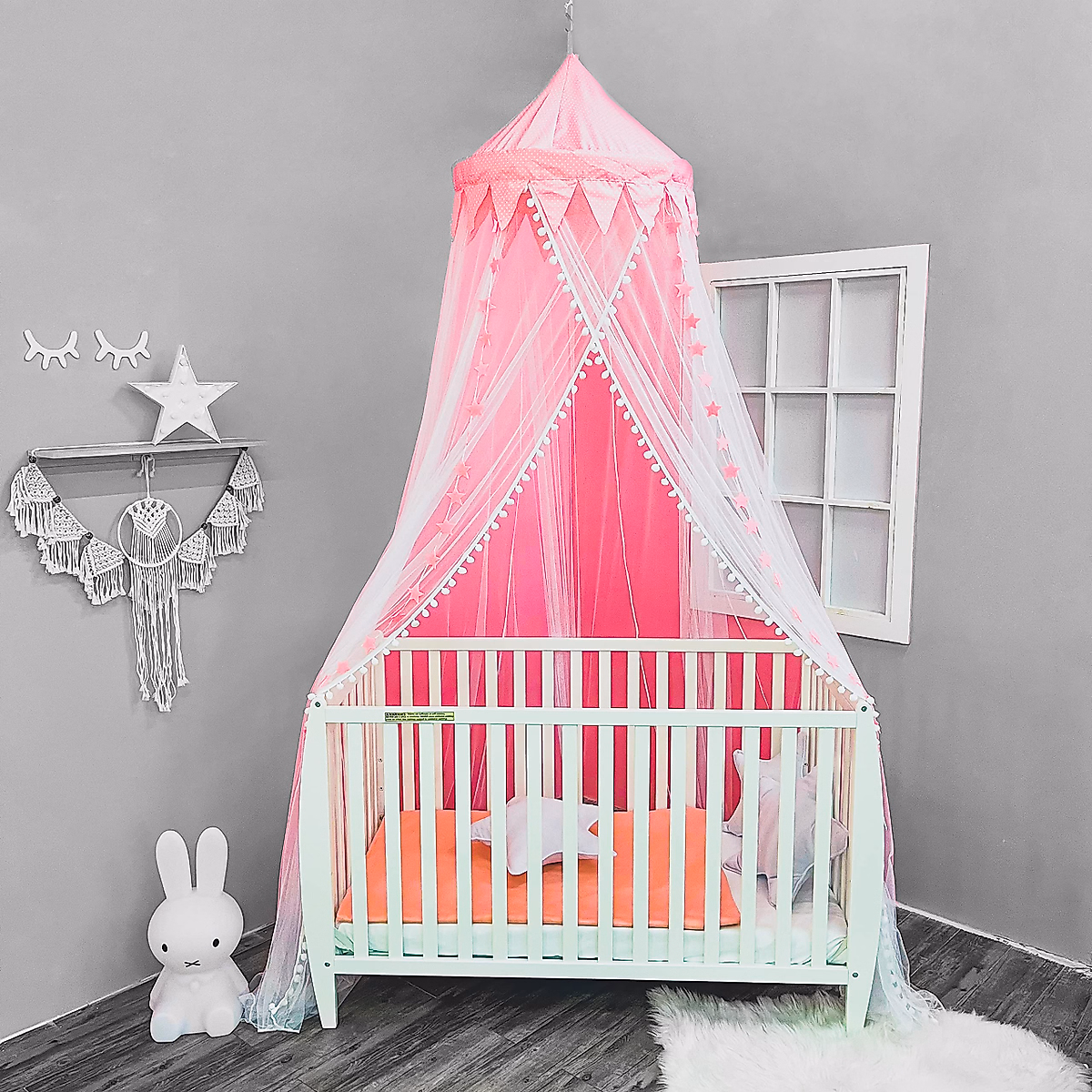 Bed Canopy for Kids - Bed Canopy Mosquito Net with Pom Poms and Felt Stars by Kiddigard - Bed Canopy for Girls - Bed Canopy Baby - Bed Canopy Set.