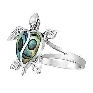 AeraVida Ocean Love Sea Turtle with Heart Shaped Shell & Abalone Seashell Inlays in Sterling Silver Ring Sizes 7-9 for Beach Inspired Style with Tendy Surfer Vibes