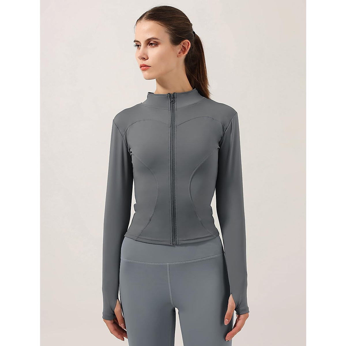 Locachy Women's Lightweight Stretchy Workout Full Zip Running Track Jacket with Thumb Holes Grey L