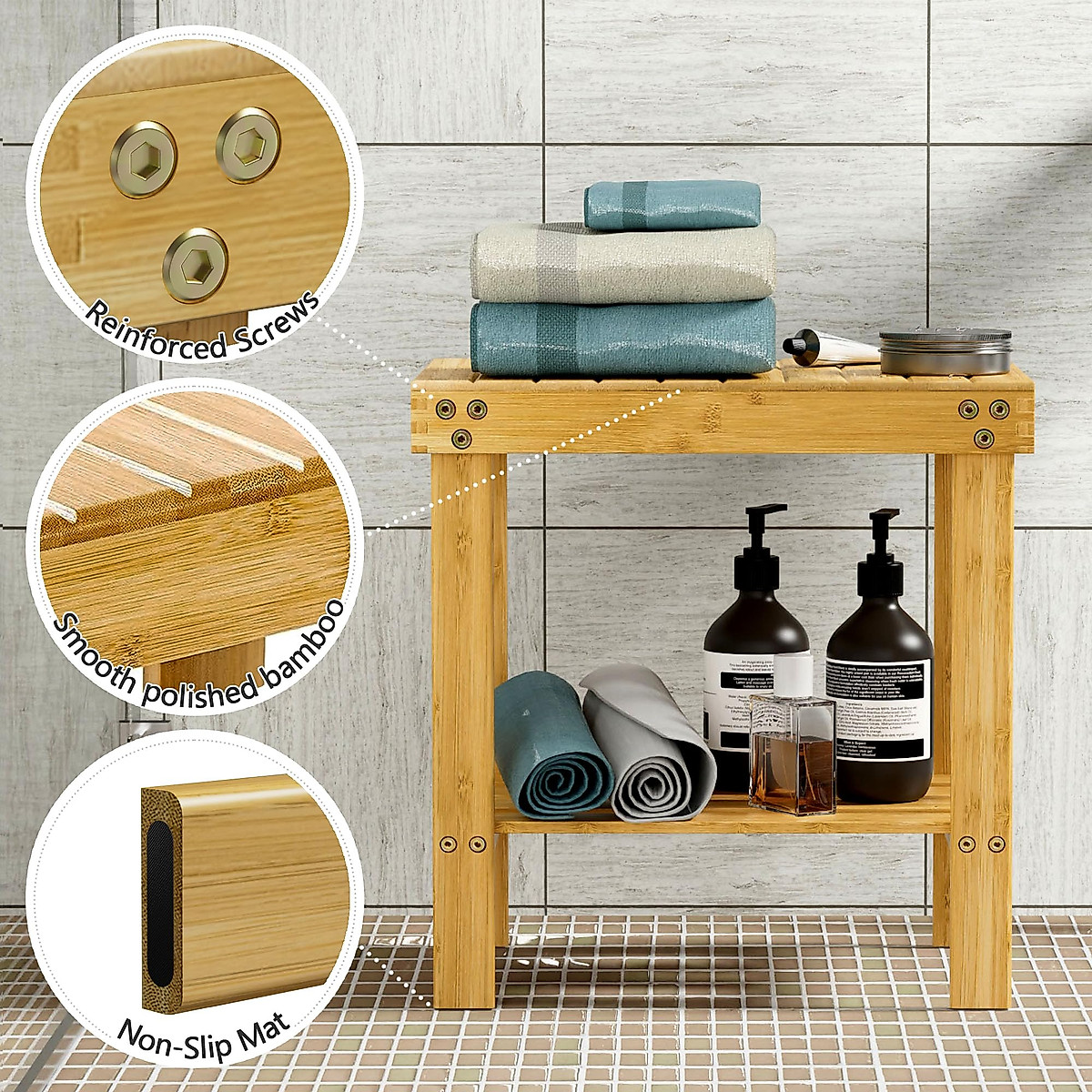 Glavbiku Bamboo Shower Bench, Shower Chair with Non-Slip Feets Storage Shelf Safe and Stable, Kids Adults Wooden Stool for Home, Bathroom, Bedside, Living Room