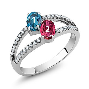 Gem Stone King 925 Sterling Silver Promise Customized and Personalized 2 Gemstone Birthstone For Her Engagement Ring For Women (Available in size 5, 6, 7, 8, 9)