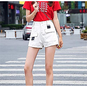 Andongnywell Women's Solid Casual Pant Khaki high Waist Big Pocket Shorts Mini Pants Short Trousers (White,Large)