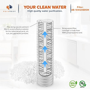 Aquaboon 1-Pack of 5 Micron 20" String Wound Sediment Water Filter Replacement Cartridge & Aquaboon 1-Pack Sediment Water Filter Cartridge | Universal Whole House 5 Micron 20 inch Cartridges