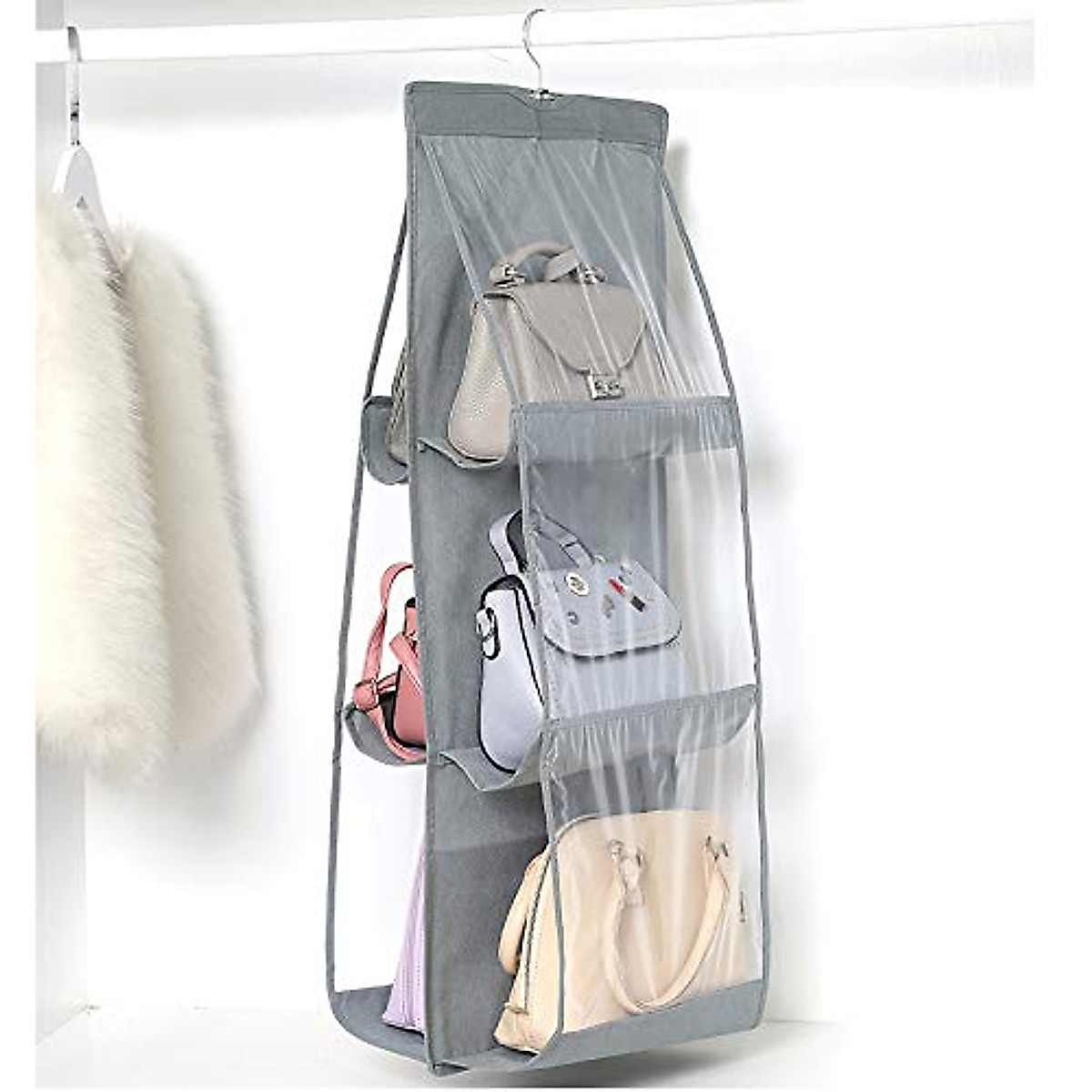 Mistshopy 6 Pocket Hanging Purse Handbag Tote Bag Organizer Storage Bag Foldable Closet Rack Bag Hanger (Grey)