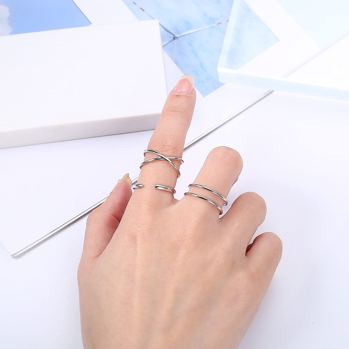 PATISORNA 3Pcs 925 Sterling Silver Open Adjustable Rings for Women Men Minimalist X Cross Arrow Heart Moon&Star Paperclip Rings Stackable Thumb Knuckle Simple Rings Set Size 6-9