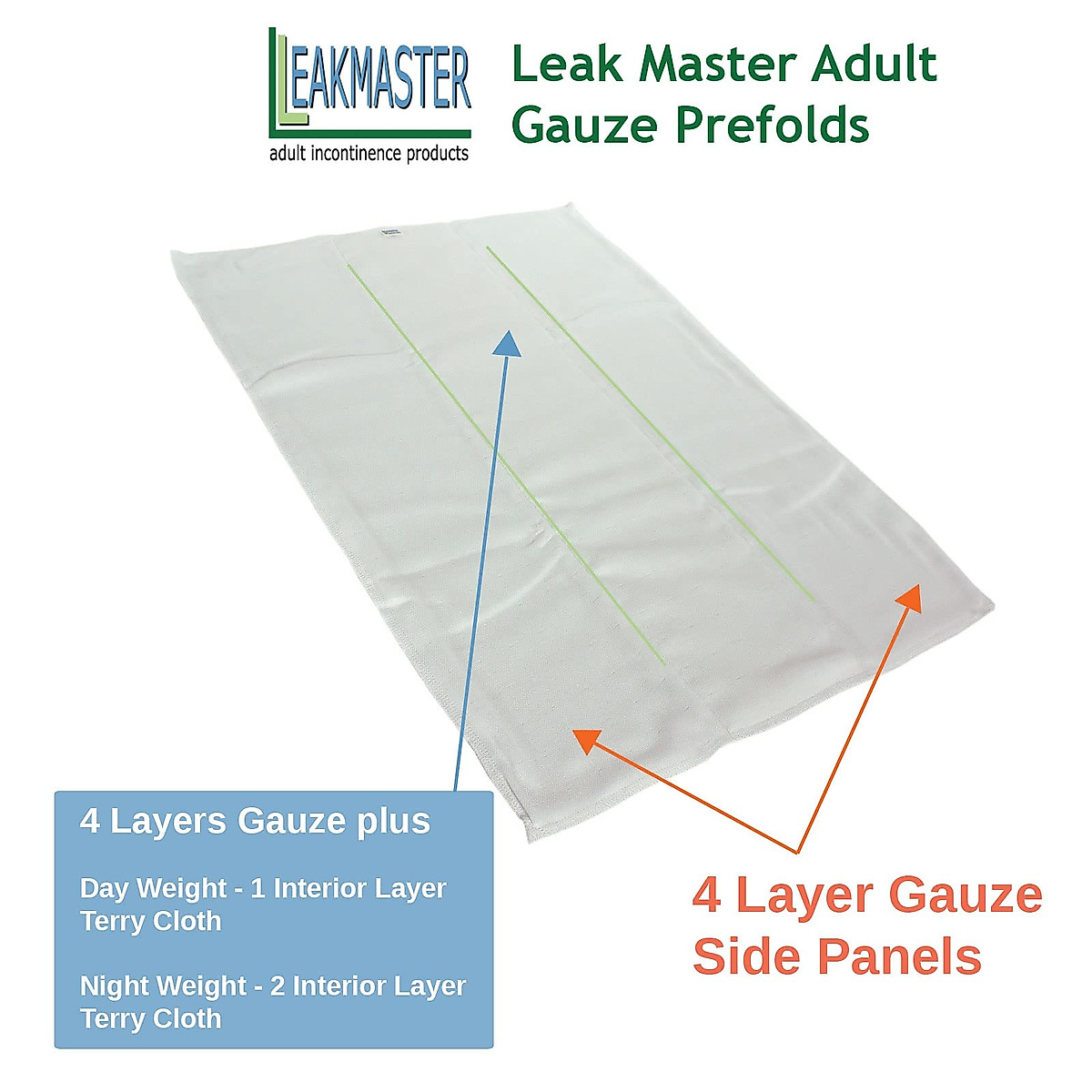 LeakMaster Adult Prefold Cloth Diapers Gauze Weave - 100% Cotton Adult Reusable Diapers - Soft & Durable - Sewn in The USA - Night Weight - Size Large
