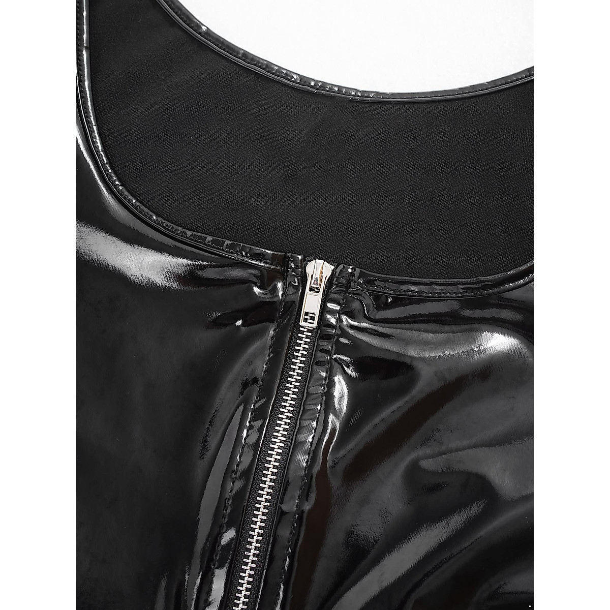 Oyolan Sexy Women PVC Leather Wet Look Zipper Open Crop Tank Tops Latex Moto Biker Punk Tops Blouse Black Large