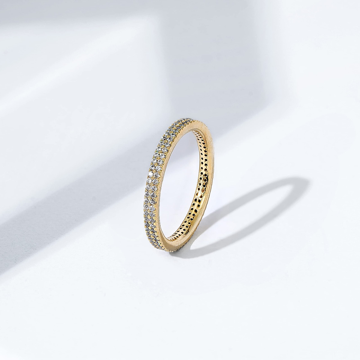 Amazon Essentials 14K Gold Plated Double Row Pave Stackable Eternity Ring Size 6, Yellow Gold