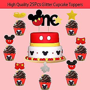 Mouse 1st Birthday Party Supplies Decorations 57Pcs - Happy Birthday Banner ONE Banner Balloons "1" Foil Balloon Hat Door Sign Cupcake Topper Video Game Birthday Decorations for Boys Girls Kids Babies