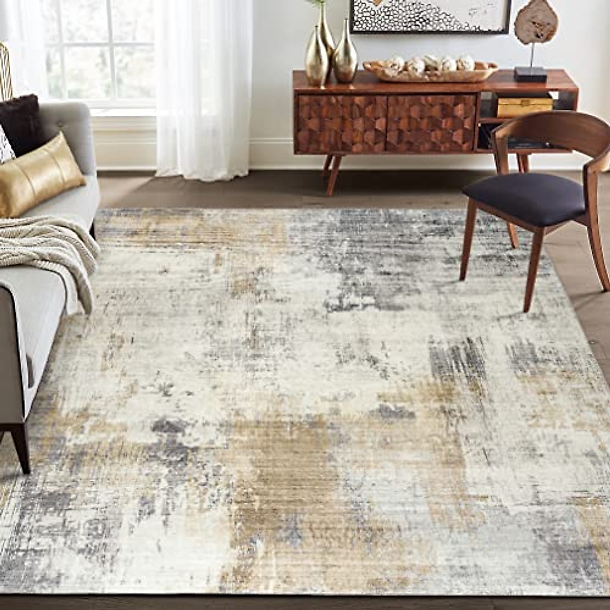ReaLife Machine Washable Rug - Stain Resistant, Non-Shed - Eco-Friendly, Non-Slip, Family & Pet Friendly - Made from Premium Recycled Fibers - Abstract Modern - Beige, Gray, Ivory, 5' x 7'