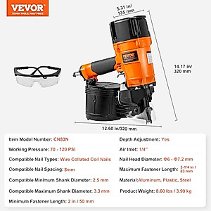 VEVOR Coil Siding/Framing Nailer CN83N, 2" to 3-1/4" 15 Degree Pneumatic Siding Nail Gun with Tool-Less Depth Adjustment, 70-120PSI Air Coil Nailer for Siding Sheathing Wooding Fencing Decking