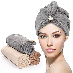 YFONG Microfiber Hair Towel 3 Pack, Hair Towel with Button, Super Absorbent Hair Towel Wrap for Curly Hair, Fast Drying Hair Wraps for Women, Anti Frizz Microfiber Towel