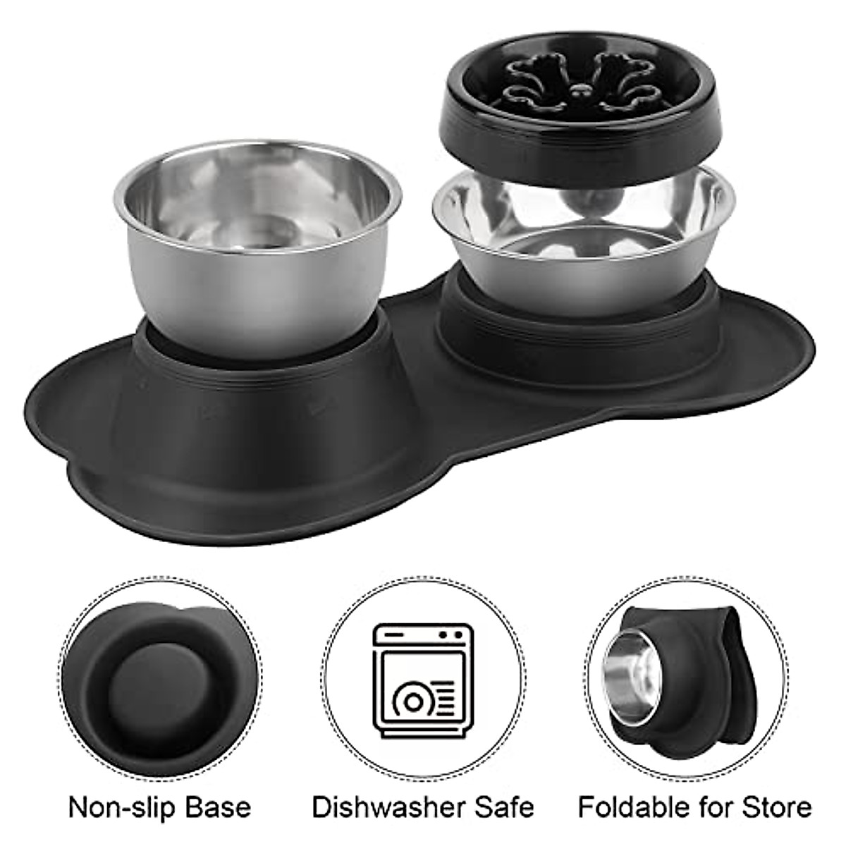 PETIZER Dog Bowls Medium Sized Dog, Slow Feeder Dog Bowls with No Skid Silicone Mat, Dog Food and Water Bowl, Stainless Steel Pet Bowls, 72Oz in Total