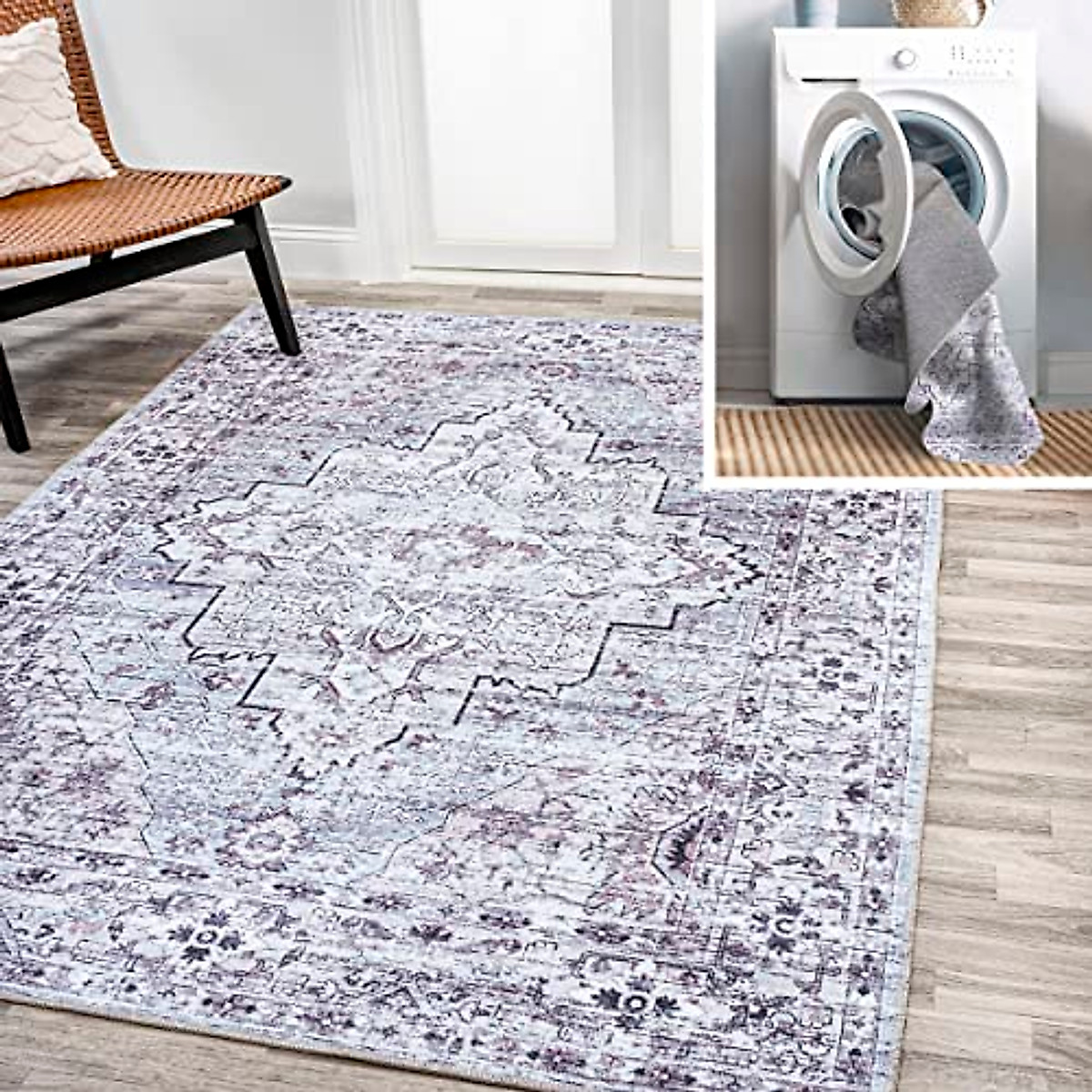 JONATHAN Y WSH102A-3 Didim Boho Gray Medallion Machine Washable Indoor Bohemian Transitional Area Rug,High Traffic,Kitchen,Living Room,Backyard,Non Shedding,3 X 5,Gray/Purple
