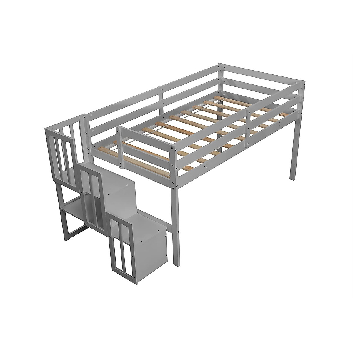 Bellemave Low Loft Bed with Stairs Twin Loft Bed with Storage Wood Bed Frame for Kids Teens Girls Boys, Gray