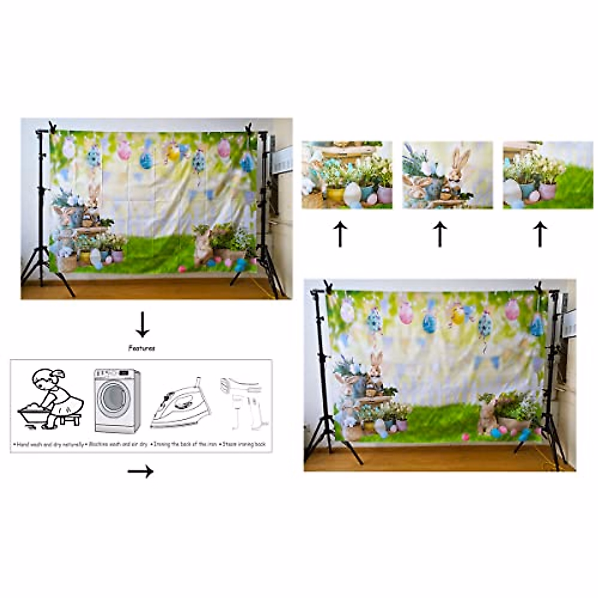7X5ft Spring Garden Background Easter Photography Backdrop Easter Rabbit Colorful Egg Fence Flag Background Spring Easter Floral Bokeh Photo Studio Booth