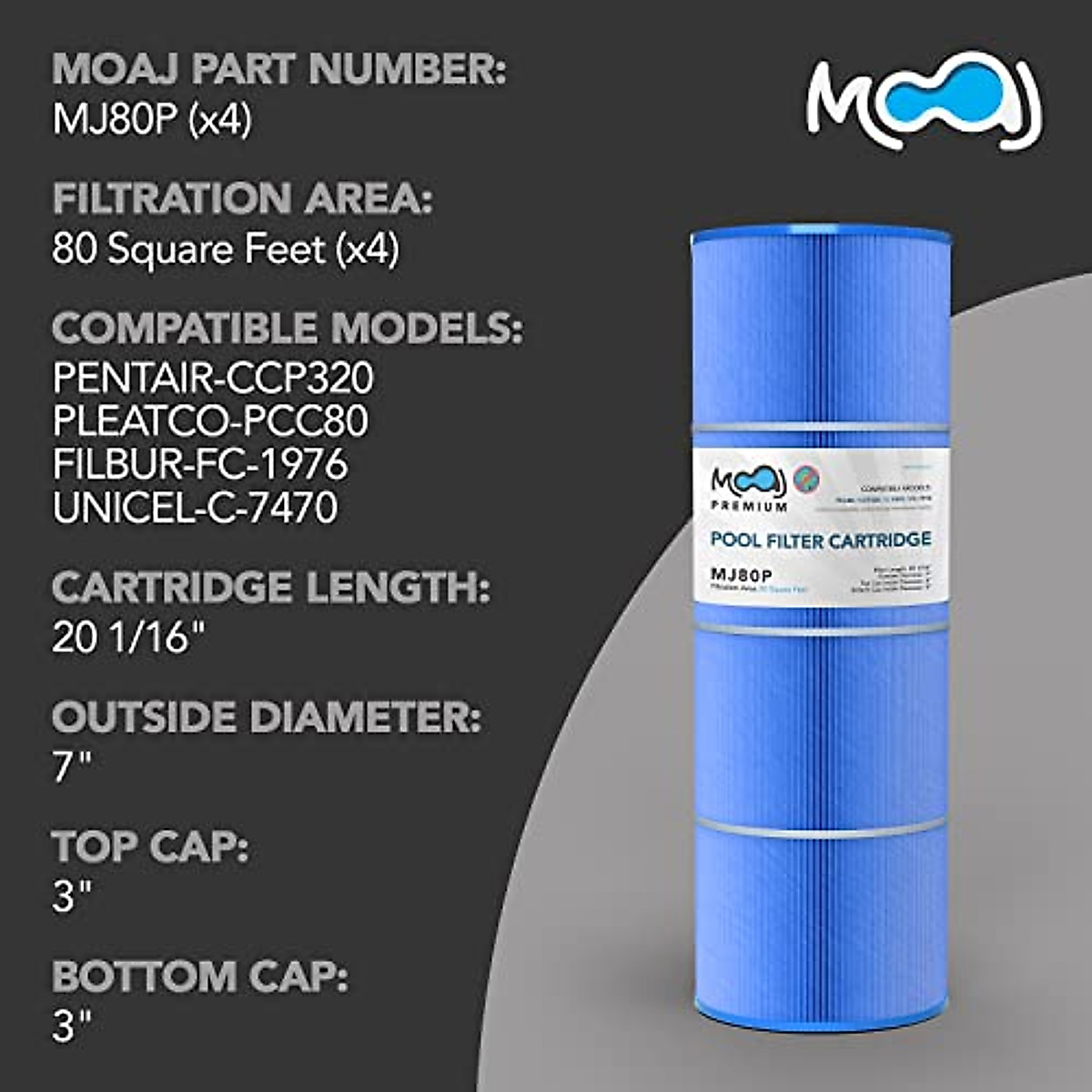 MOAJ Premium Pool Filter 4-PACK Replaces Pentair CCP320, Clean And Clear Plus 320, R173573, 160340, PCC80, PCC80-PAK4, Filbur FC-1976, Unicel C7470, Crystal Water 325 | 20 1/16" x 7" | Asepsis-Infused