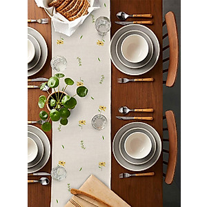 Spring Floral Table Runner 72 Inches Long Farmhouse Dress Scarves, Yellow Daisy Summer Botanical Rustic Linen Texture Dining Tablerunner for Coffee Table/Party/Kitchen Island Décor, 13" x 72"