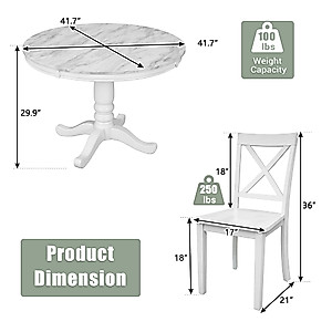 Merax 5-Piece Round Table and Chairs Set with Marble Veneer Top and Wood Frame for Dining Room, White(New)