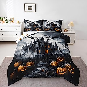 Erosebridal Halloween Decor Gothic Bedding Set King Size,Pumpkin Bat Horror Comforter Set for Kids Boys Girls,Goth Room Decor Bats Quilt Bed Set Halloween Themed Spooky Bed Comforter Set 3Pcs
