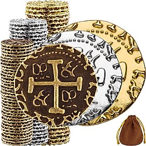 Pirate Coins, 102 Bronze, Silver & Gold Treasure Coin Set, Metal Replica Spanish Doubloons for Board Games, Tokens, Cosplay, Realistic Money Imitation, Pirate Treasure Chest, M, L, XL Sizes Mix