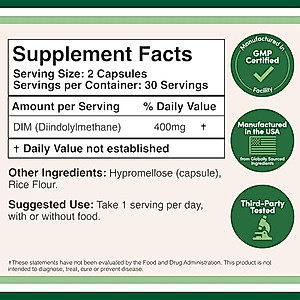 DIM Supplement for Women and Men (Diindolylmethane Estrogen Blocking Supplement, Hormonal Acne Treatment, Hormone Balance for Women) 400mg Servings, 200mg Per Capsule, 60 Capsules by Double Wood