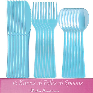 Disposable Heavy Duty Plastic Cutlery Silverware Set | Knives, Forks, & Spoons | Graduation Banquet Picnic Cookout Birthday Party Gender Reveal Baby Shower Reunion (Baby Blue)