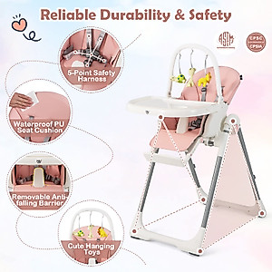 BABY JOY Baby High Chair, Foldable Highchair w/Toy Bar, 7 Heights, 4 Reclining Angles, Adjustable Footrest, Removable Double Tray, PU Cushion & Lockable Wheels for Babies Toddlers, 6-36 Months (Pink)
