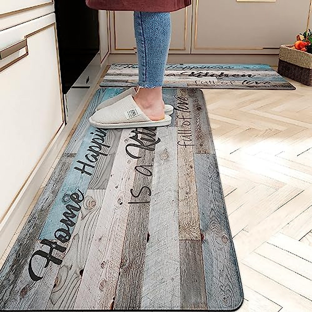 Farmhouse Kitchen Mats Sets of 2 Cushioned Standing Anti Fatigue Kitchen Rugs and Mat, for Rustic Home Office Kitchen mats for Floor Waterproof Non-Skid 17.3 x28+17.3 x 47 Inches Happiness Home