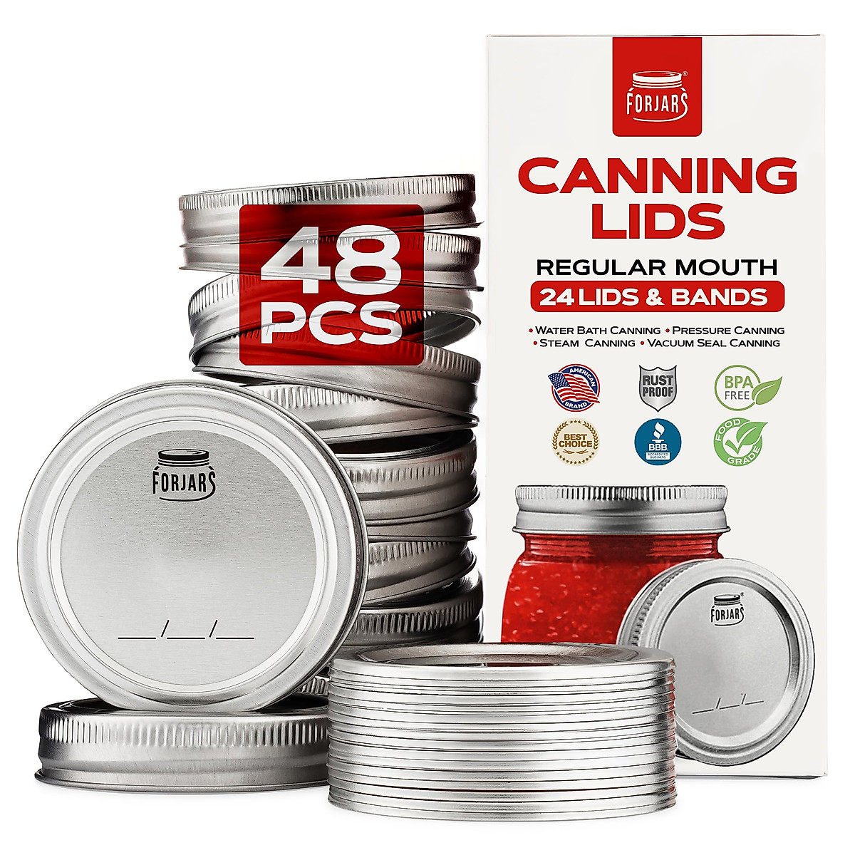 FORJARS Canning Lids and Rings Regular Mouth – 48 Pcs/24 Sets - Airtight Seals on Mason Jars to Preserve Food for Meal Prep - 2.7 In. Stainless Steel and Bands with Silicone Seals – Canning Supplies