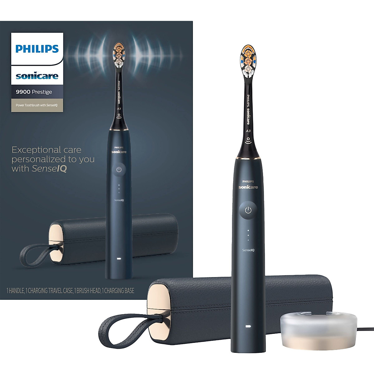 PHILIPS Sonicare 9000 Series Prestige Rechargeable Toothbrush, SenseIQ, Sonic Technology, Travel Case & Wirless Charging, All-in-One Brush Head, GM Cleaning Cloth (Midnight)