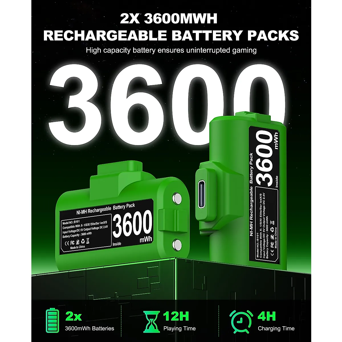 EXTREMECOOL Rechargeable Xbox Controller Battery Pack for Xbox Series X|S/One S|X/One Elite Controllers, Xbox Play and Charge Kit Incl. 2x3600mWh X-1 Batteries, 4X Battery Covers, Xbox 360 Skins