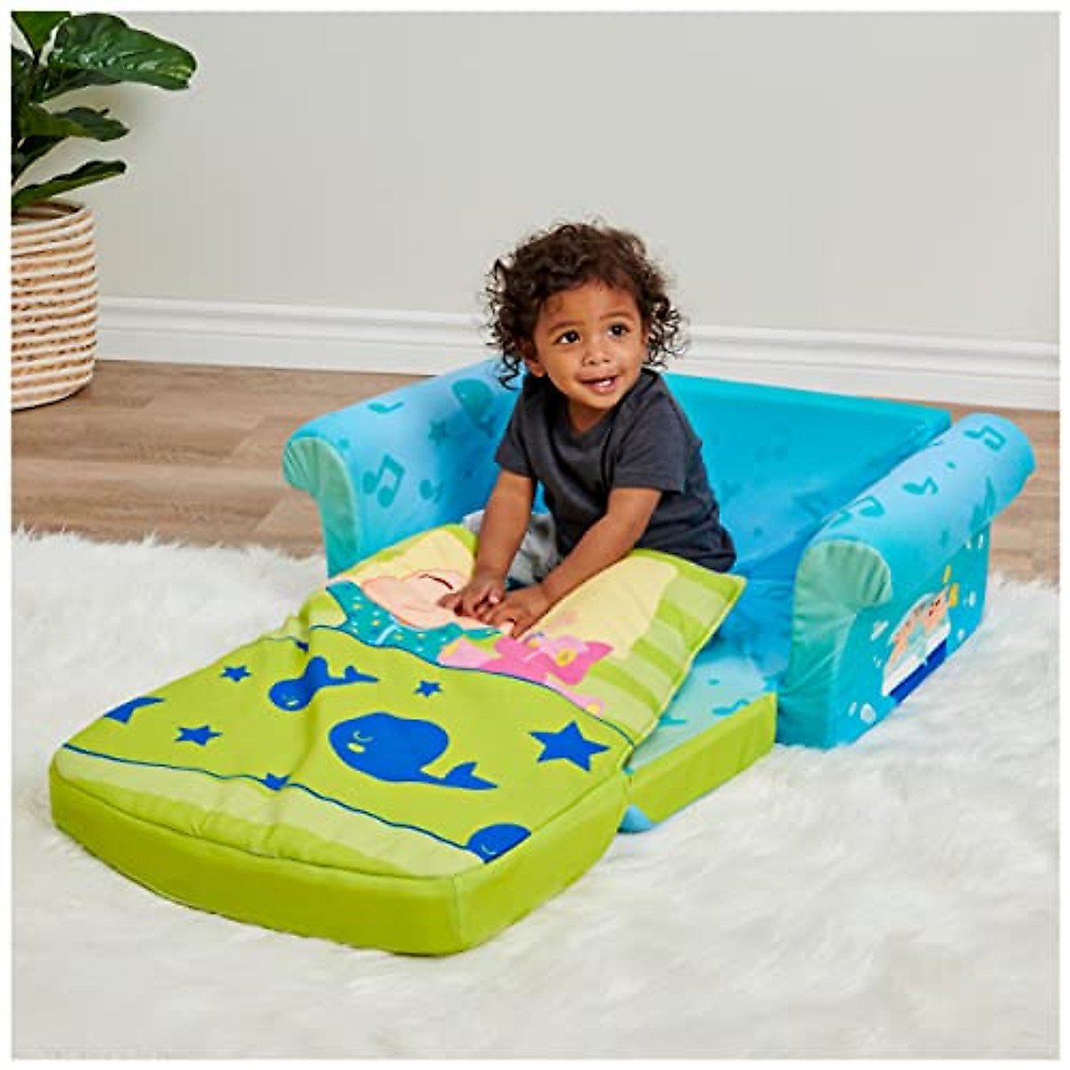 Marshmallow Furniture, Cocomelon 3-in-1 Slumber Sofa Baby Lounger, Convertible Kids Couch, Sofa Bed & Foam Toddler Nap Mat with Attached Blanket