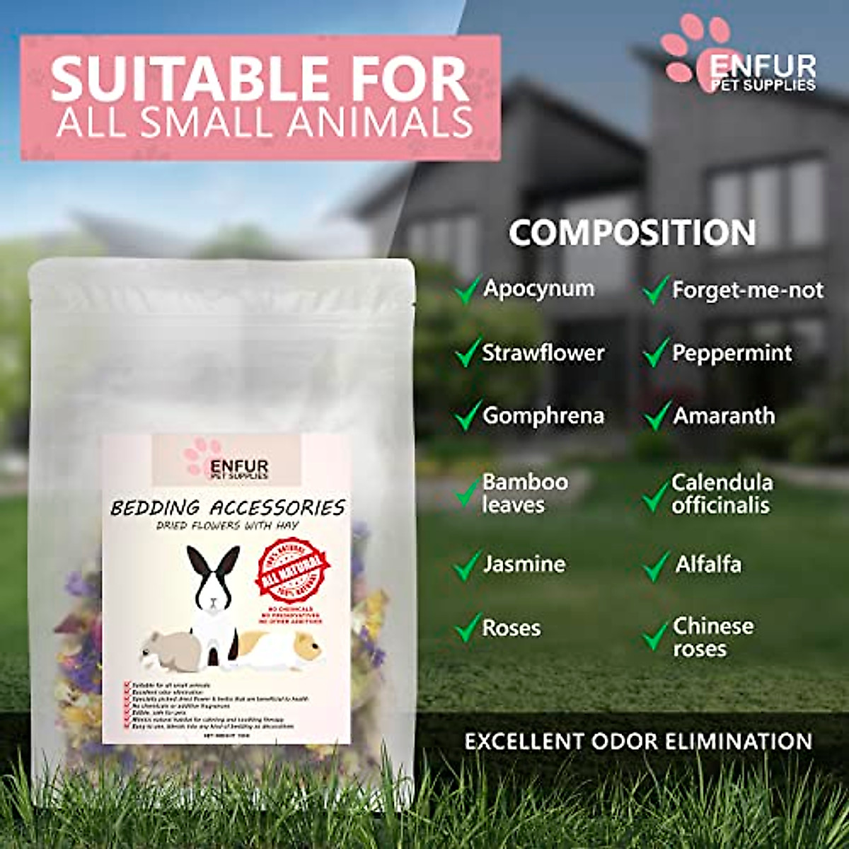 ENFUR Hamster Bedding Habitat Decor Accessories 100G – 100% Natural Odor Control Edible Dried Flowers for Hamsters Rabbit Chinchilla Guinea Pig Small Pets (Dried Flowers), 30cm x 20cm x 8cm