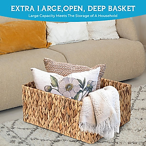 JS HOME Jumbo Wicker Basket for Orgainzing, Extra Large Rectangular Water Hyacinth Storage Wicker Shelf Basket with Built-in Handles, 1 Pack
