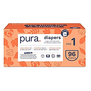 Pura Size 1 Eco-Friendly Diapers (4-11lbs) Hypoallergenic, Soft Organic Cotton Comfort, Sustainable, Wetness Indicator Allergy UK, Recyclable Paper Packaging. 3 Packs of 32 (96 Baby Diapers)