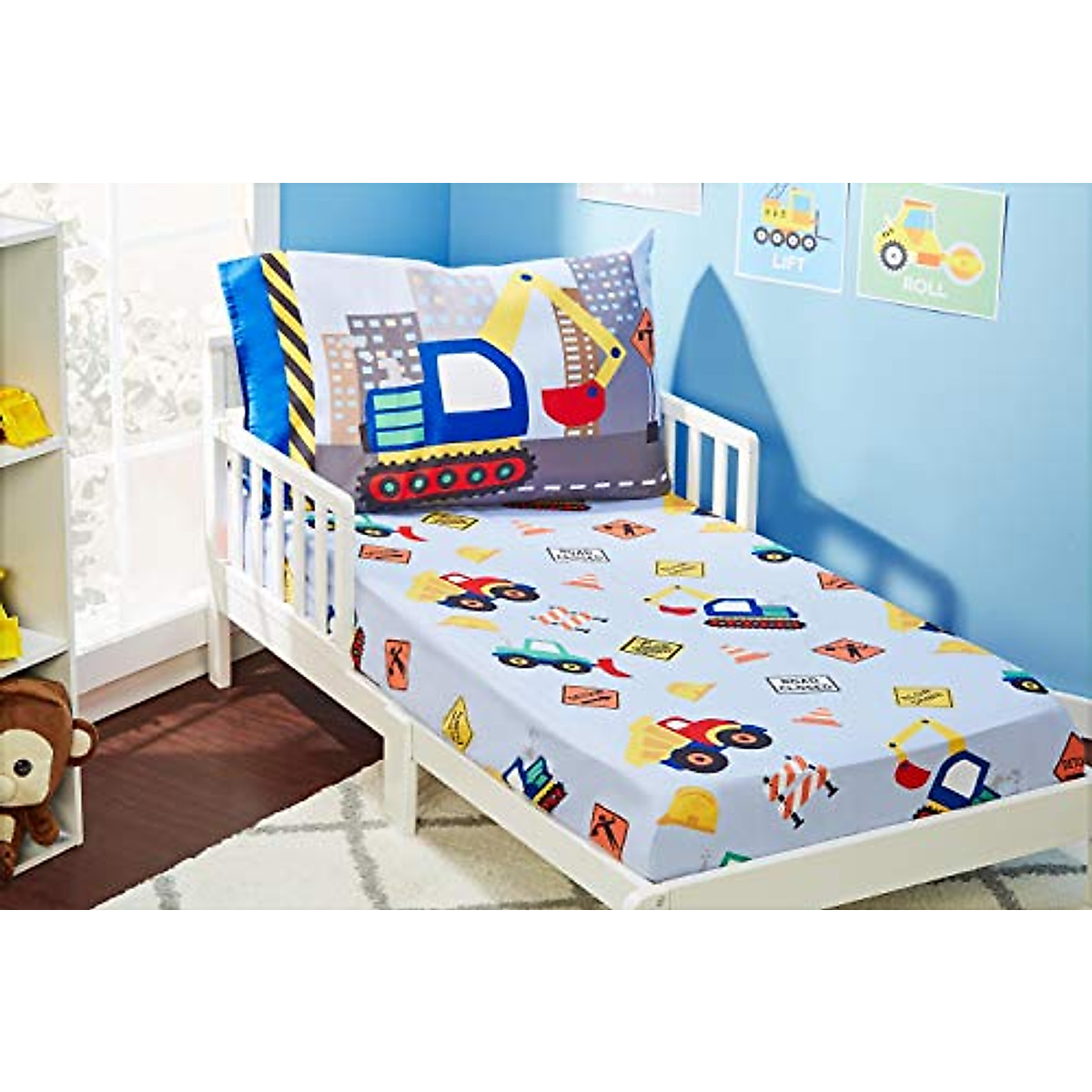 Everyday Kids Toddler Fitted Sheet and Pillowcase Set -Under Construction- Soft Breathable Microfiber Toddler Sheet Set