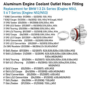 Aluminum Water Hose Fitting Replacement for BMW 1 3 5 6 7 Z4 (Engine N52 N53 N54 and N51 3.0-litre),Replace for 11537541992 11537544638
