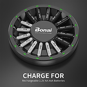 BONAI AA AAA Rechargeable Battery Charger for NiMH NiCD Batteries with AC High-Speed Plug Cable and Smart LED Light
