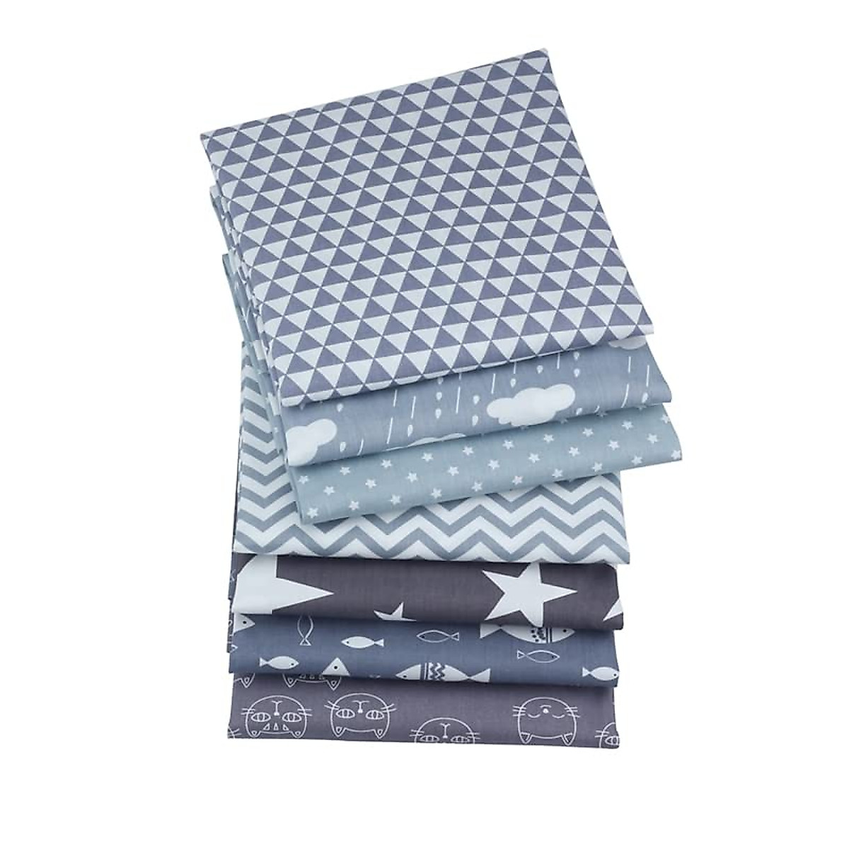 AMORNPHAN Cats Kitten Fish Star Cloud Animal Cartoon Pattern Printed 100% Cotton Quilting Fabric for Patchwork Needlework DIY Sewing Crafting Precut Face Mask 16x20 Inches (Set of 7 Pieces) 40x50 cm.